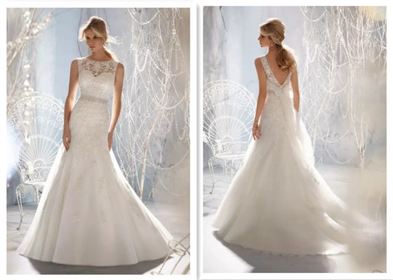 Classic A Line Ball Gown Wedding Dress , Crystal Wedding Dresses Exquisite Gauze Tail