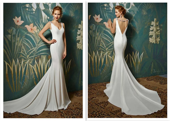 Elegant Crystal Lace V Neck Backless Mermaid Wedding Dresses Bridal Gown