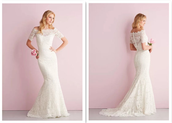 Unique White Lace Mermaid Wedding Dress , Beaded Mermaid Wedding Gown With Sleeves