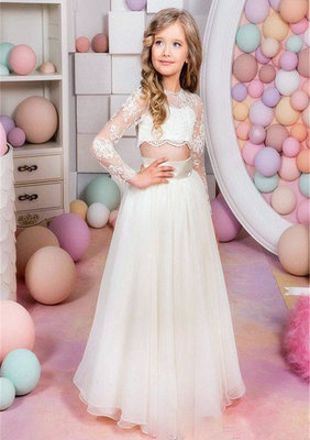 V Neck Long Sleeve Sparkly Flower Girl Dresses For Little Girl A Line Style