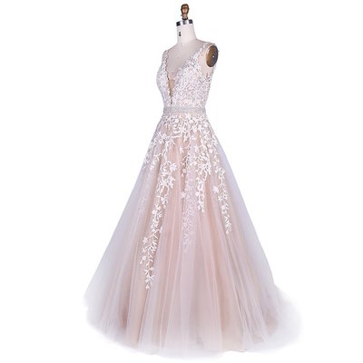 Real Picture Peach Prom Evening Gowns With V Applique CZ Diamond Decoration