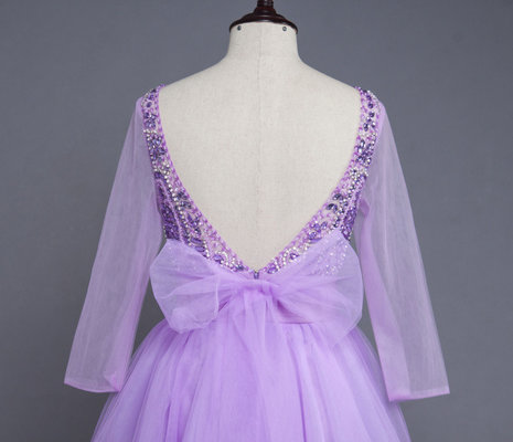 Violet Tulle Prom Evening Gowns With Long Sleeve Low Cut Back Designs