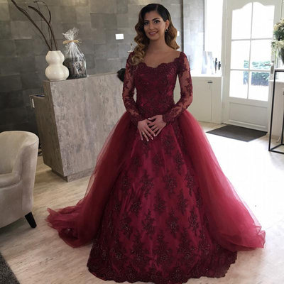 Elegantly Red Lace Prom Dress / Luxury Long Sleeve Short Prom Dresses