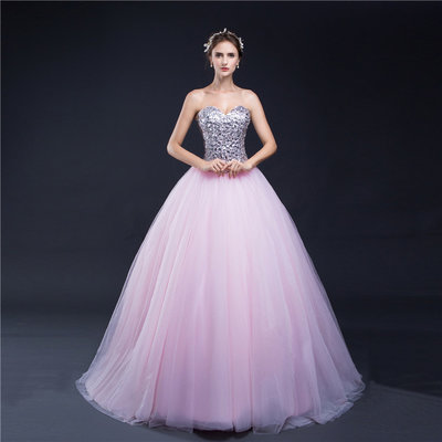 Long Pink Prom Evening Gowns With Strapless Crystal Beading Decoration