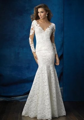 Mermaid Long Sleeved Sheath Wedding Dress , Appliques V Neck Sheath Wedding Gown