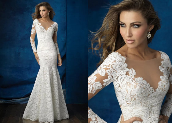 Mermaid Long Sleeved Sheath Wedding Dress , Appliques V Neck Sheath Wedding Gown