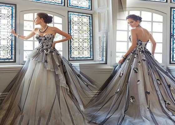 Elegant Ladies Silver Wedding Dresses / Embroidered Romantic Wedding Dresses
