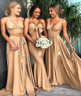 Floor Length Champagne Bridesmaid Dresses / Crystal Silk Bridesmaid Dresses