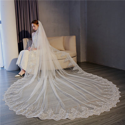 2T Long Lace Veil Bridal Gown Accessories With Machine And Handmade Embroidery