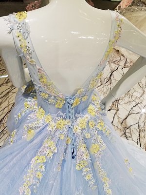 Pale blue with clear shoulders and small trailing tails for luxury court evening dresses