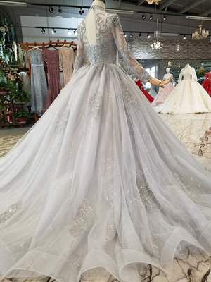 New customized high-collar high-class grey crystal tail banquet hosts luxury long-sleeved wedding dress