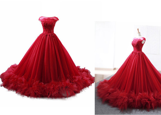 Fashion Embroidered Red Prom Dress / Tulle Big Tail Beautiful Prom Dresses
