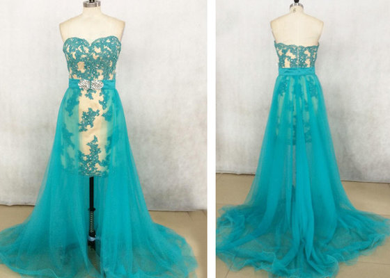 Appliqued Beaded Tulle Sweetheart Column Fitted Wedding Dresses , Detachable Prom Dresses