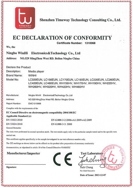 China Ningbo WinHi Electronics&amp;Technology Co.,Ltd certification