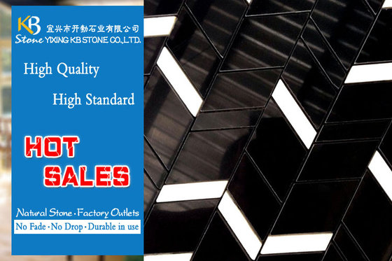 Black White marble kitchen wall mosaic tile badge shape black herringbone