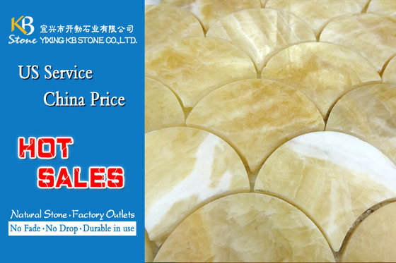 TV background wall interior marble mosaic tiles polished yellow onyx fishscale