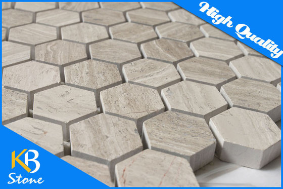 Honeycomb Polished Wooden Beige &amp; Athens Grey Marble Mosaic Tile Sheet Hexagon Shape