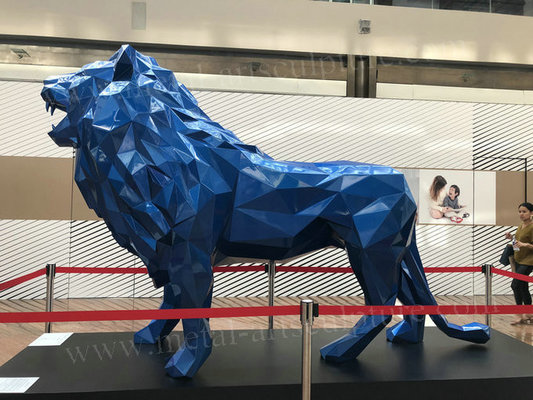 Blue Metal Animal Sculptures , Customized Metal Lion Statue With 100% Hand Carved