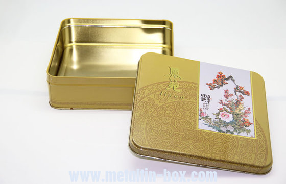 Gold Printed Square Tin Boxes Embossing , Mooncake Tin Containers