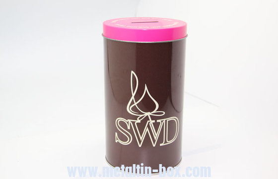 Tinplate Saving Money Round Tin Box With Slot Lid 110 MM Diameter
