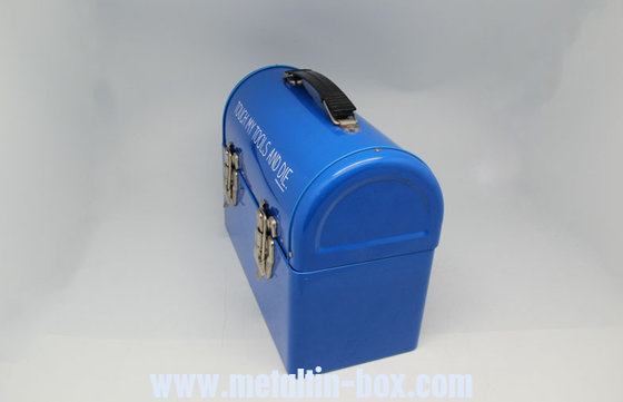 Fashion Blue Rectangle Lunch Tin Box / Cans With Half Round Lid