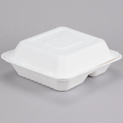 9" 3 compartment sugarcane food container biodegradable bagasse clamshell