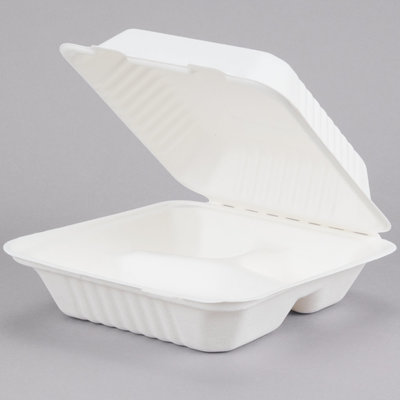 9" 3 compartment sugarcane food container biodegradable bagasse clamshell