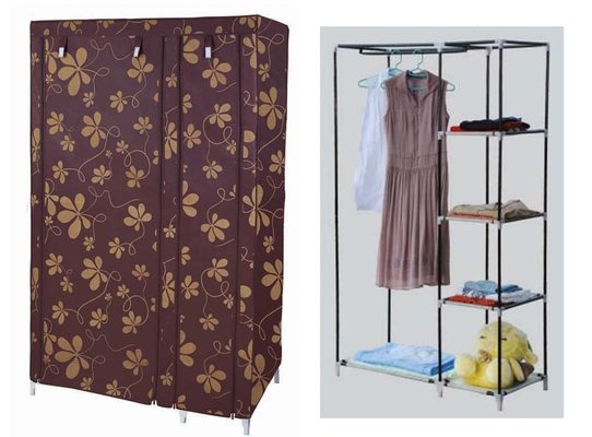 Space Saving Clothes Storage Wardrobe with Printing Fabric Cover and Iron Tube Frame