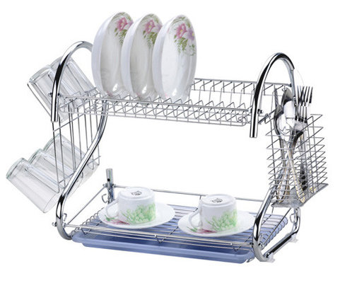 Chrome Wire 2 Layer Dish Rack Home Kitchenware Cup Rack , Chopstick Rack and 1 pc Water Tray