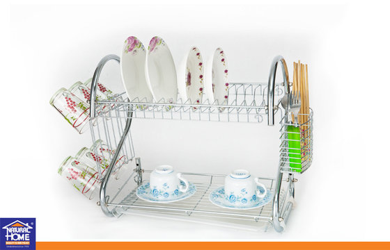 Kitchen Utensils Chrome Wire 2 Layer Dish Rack , Cup Rack , Chopstick Rack and 1 pc Water Tray KTDR-8052