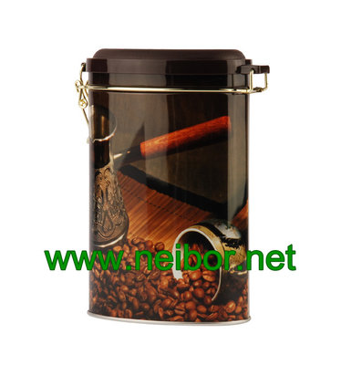 oval coffee tin box with airtight plastic lid and metal clasp