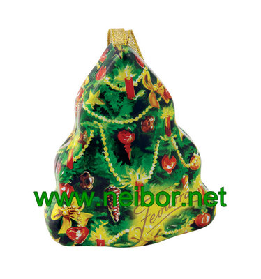 christmas tree shape chocolate tin box with hanging ribbon