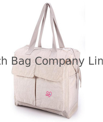 Pink nylon shopping shoulder tote bag with two front pocket easy carrying