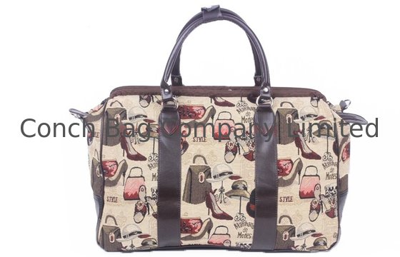 Customized cloth jute PU leather travel bags for lady with two front zippered pockets