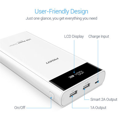 PISEN Dual USB Output 18650 Lithium-ion Battery LCD Universal Power Bank 20000mAh Portable Charger CB FCC CE Certificate