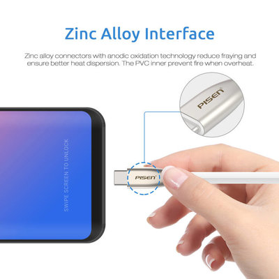 PISEN 1m 3.28ft Durable Multicolor Double Sides Workable Fast Charging Flat Zinc Alloy USB Type-C Cable