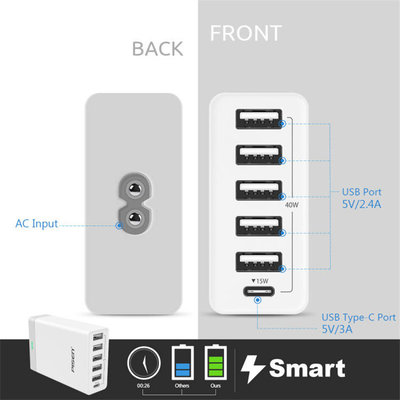 PISEN NEW 2017 Mobile Phone Portable 40W 5V 2.4A 3A US Type C 5 Port USB Charger