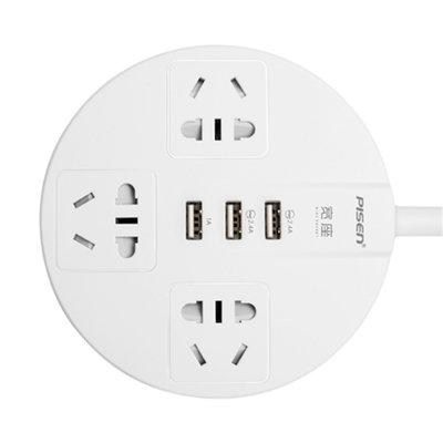 PISEN 1.8m 6ft Cable Euro Plug Wide Socket 3 Outles Power Strip With 1A 2.4A 2.4A 3 USB Charger RoHS Certification