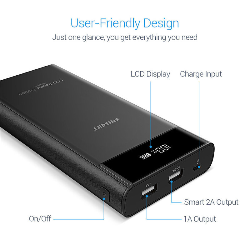 PISEN Dual USB Output 18650 Lithium-ion Battery LCD Universal Power Bank 20000mAh Portable Charger CB FCC CE Certificate