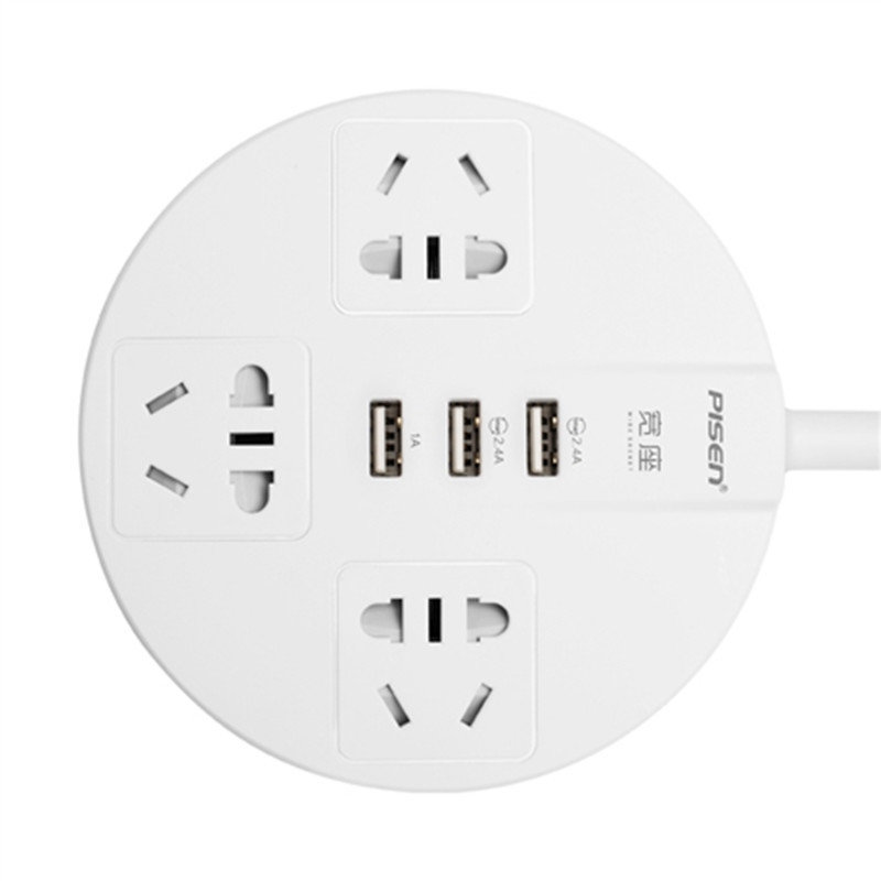PISEN 1.8m 6ft Cable Euro Plug Wide Socket 3 Outles Power Strip With 1A 2.4A 2.4A 3 USB Charger RoHS Certification