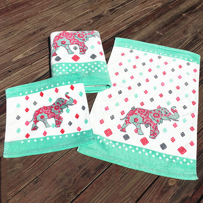 Customize Artiliv Cotton Bath Towels Sets With Elephant Printed Satin Small Square
