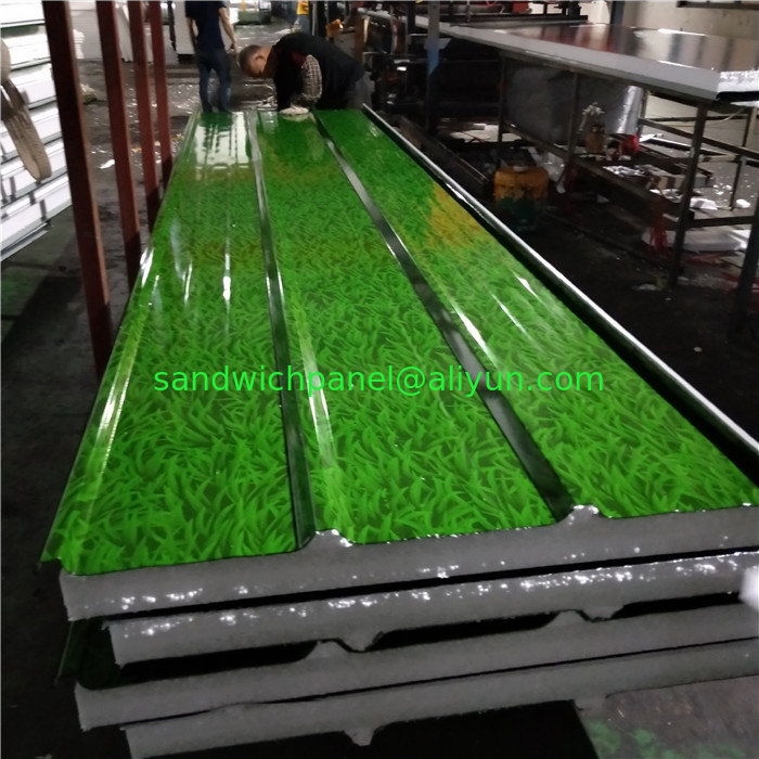 overlap waterproof 75mm silver paper eps sandwich roof panel with 0.426mm grass steel sheet up