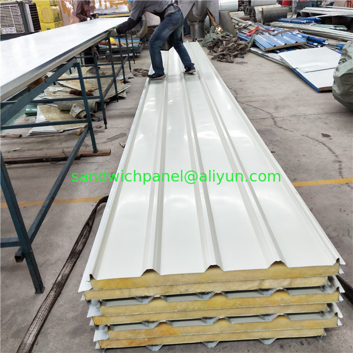 960mm glass wool sandwich roof panels with greywhite orange peel metal surface down
