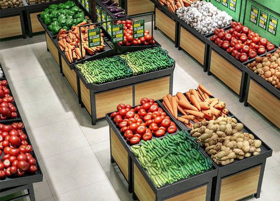 Metal Wooden Fruit And Vegetable Display Rack Gondola Shelf Mid Duty