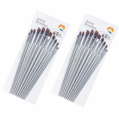 Silver Wooden Handle Angular Head Shape #24 Artist Paint Brushes Set