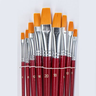 Red Wood Handle Flat Tip Nylon 9pcs 20# Artist Paint Brush Set