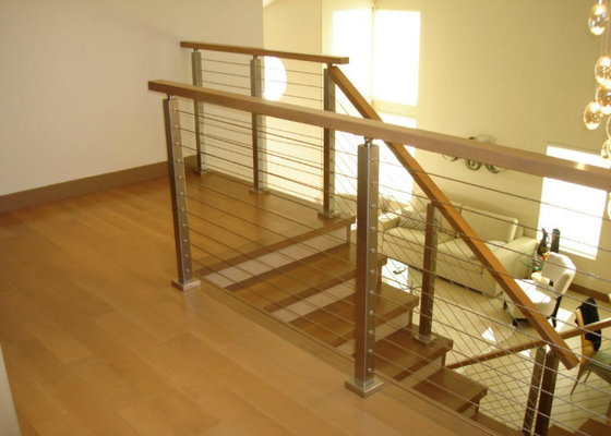 Steel Wire Balustrade Systems Interior Staircase Cable Railing With Wooden Handrail