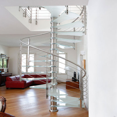Solid Wood Tread Steel Railing Loft Spiral Staircase For Small Space