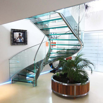 Easy Install Residential Tempered Glass Stainless Steel Beam Curved Staircase