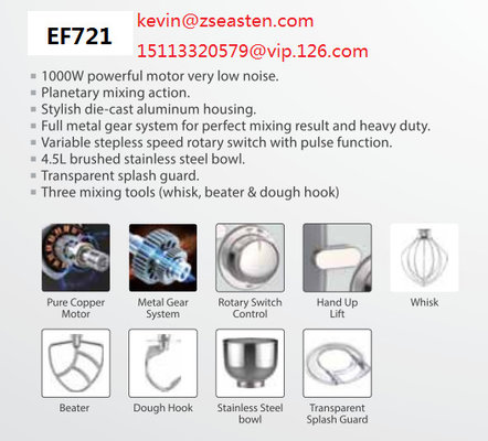 Easten 4.5 Liter Stand Mixer EF721/ Anodized aluminum alloy body 1000W Die Cast Kitchen Mixer Aid with CE Certificate